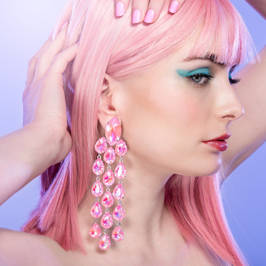 Pastel Pink Austrian Crystal Waterfall Earrings Clip on or Pierced ...