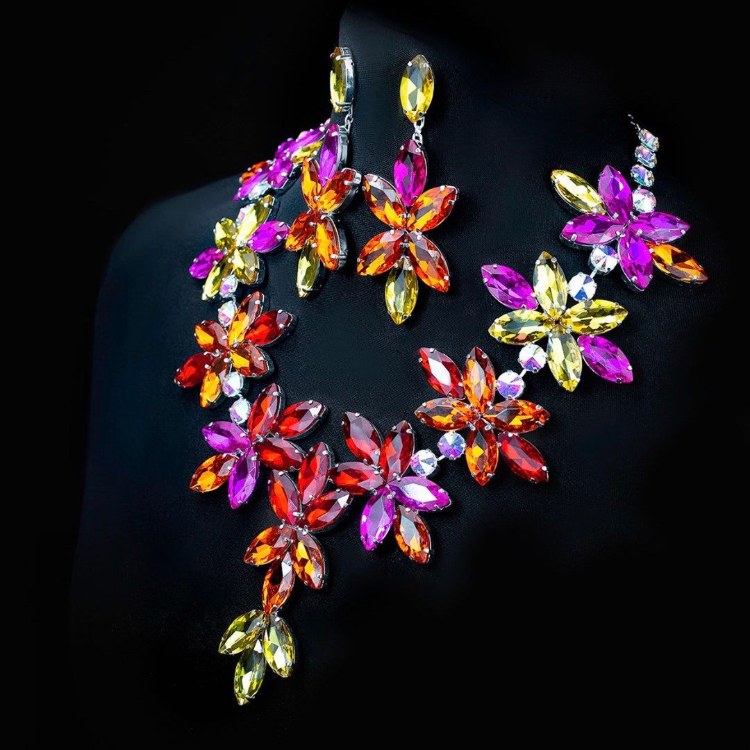 Dramatic Bright Coloured Crystal Necklace & Earring Set - Etsy