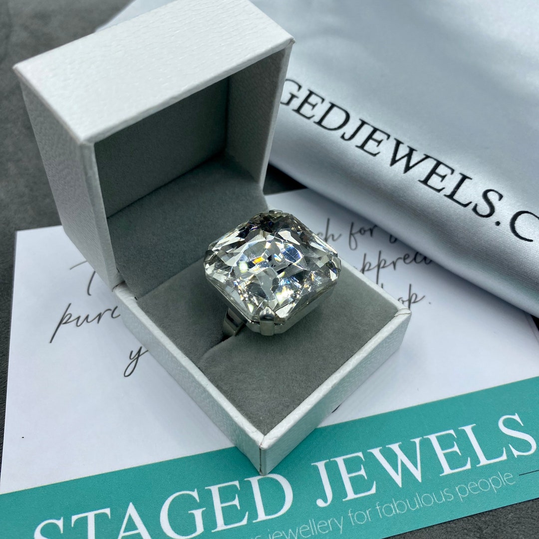 Colourless Crystal Ring Large Stone Square Ring Fully Adjustable Size ...