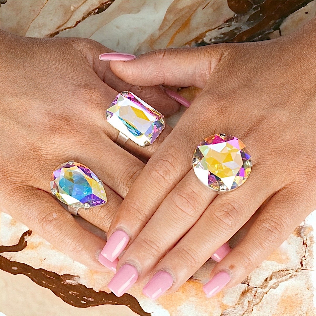 Austrian Crystal Aurora Borealis Ring Rainbow Stone Dress Ring Choose ...