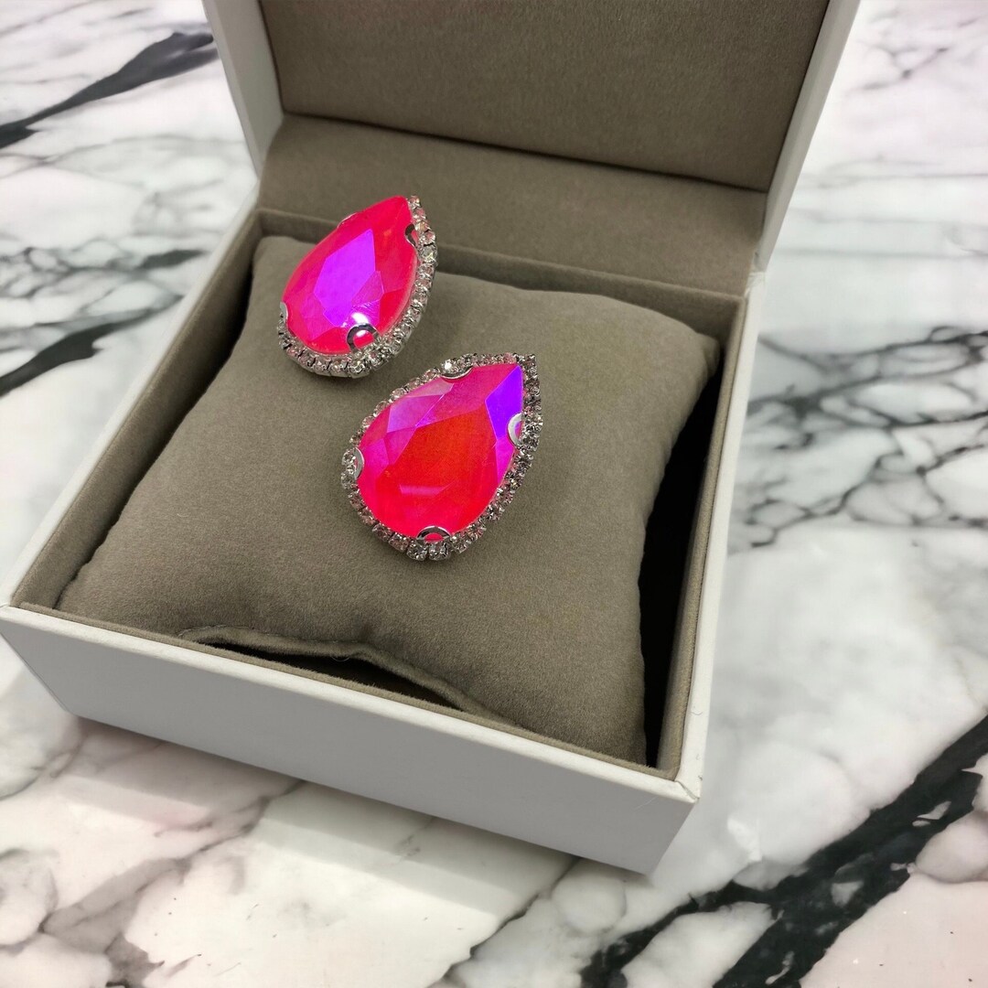Hot Pink Austrian Crystal Stud Earrings 30x20mm Bright Studs Clip on or ...