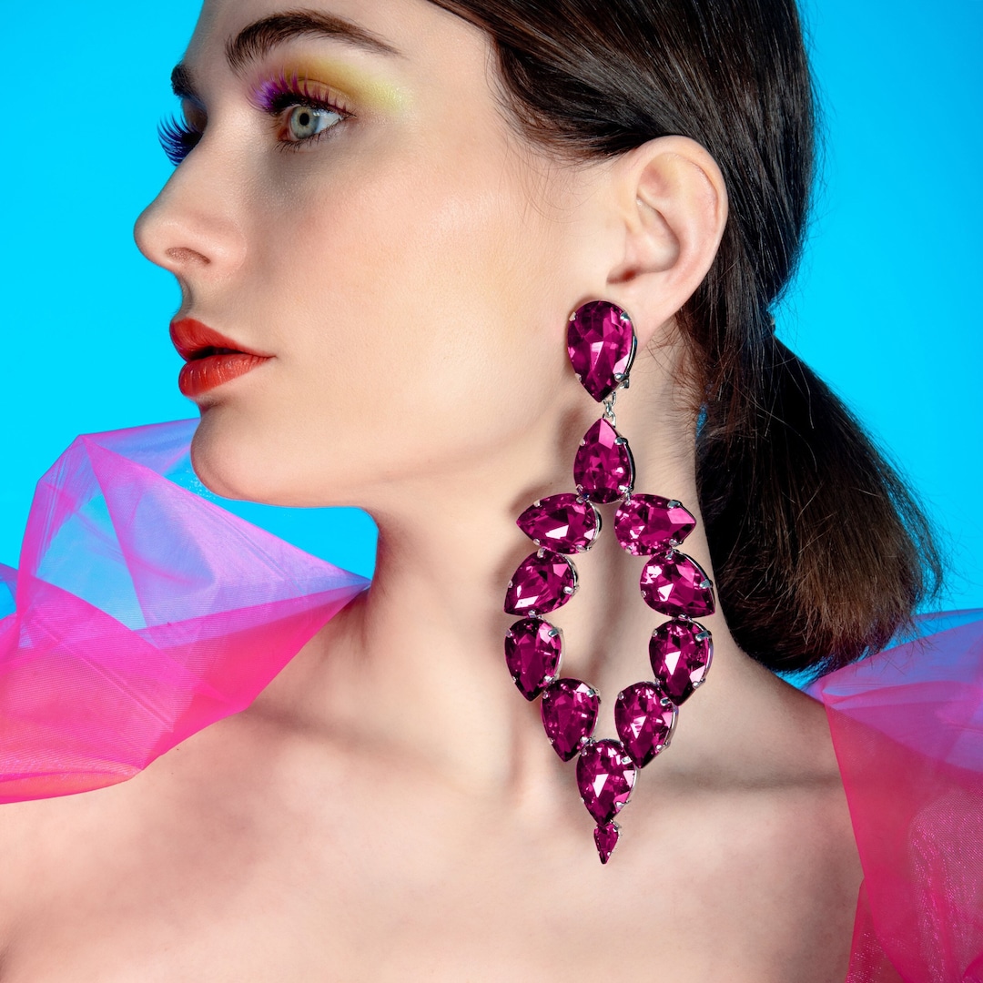 Giant Oversized Dramatic Hot Pink Earrings, Premium Crystal, Clip on or ...