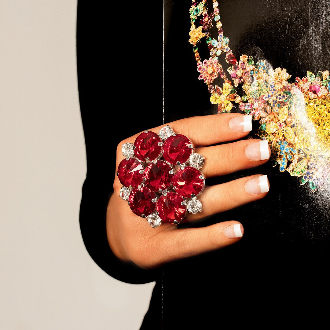 Oversized Ruby Red Crystal Statement Ring Free Size Band Dramatic Red ...