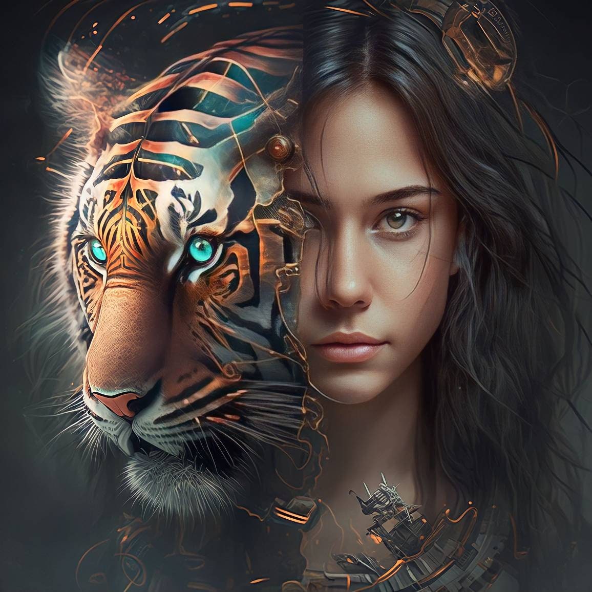 Futuristic Ai Image Beautiful Girl And Tiger Etsy