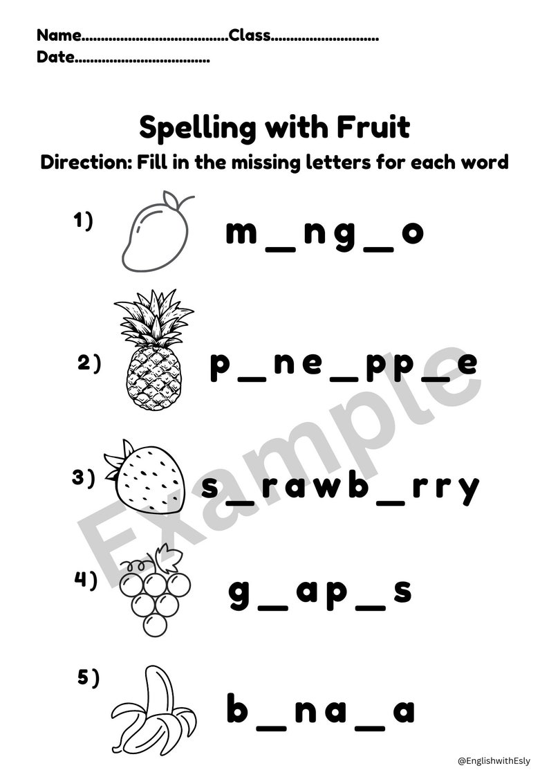 Printable Worksheet Fill in the Missing Words (fruit Vocabulary) and ...