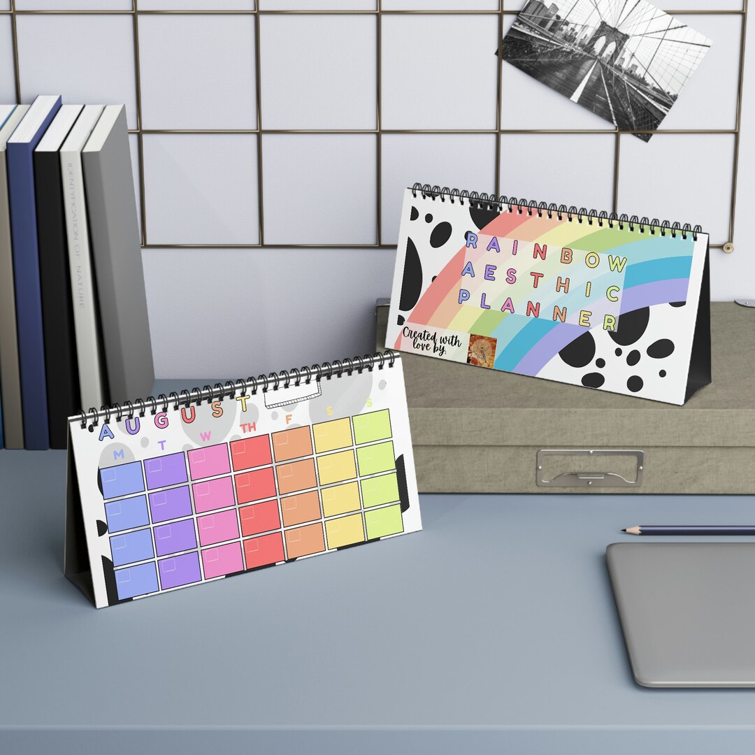 Rainbow Aesthetic Undated Desk Calendar – Colorful Monthly Planner for ...