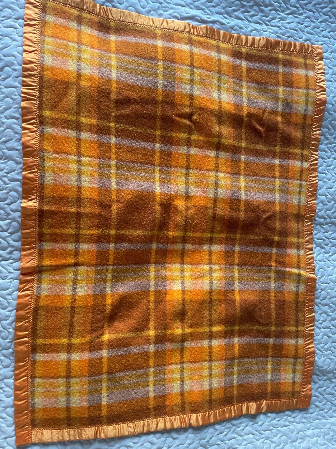 Vintage Onkaparinga Wool Baby Crip Blanket Satin Trip 41" X 32" Orange ...