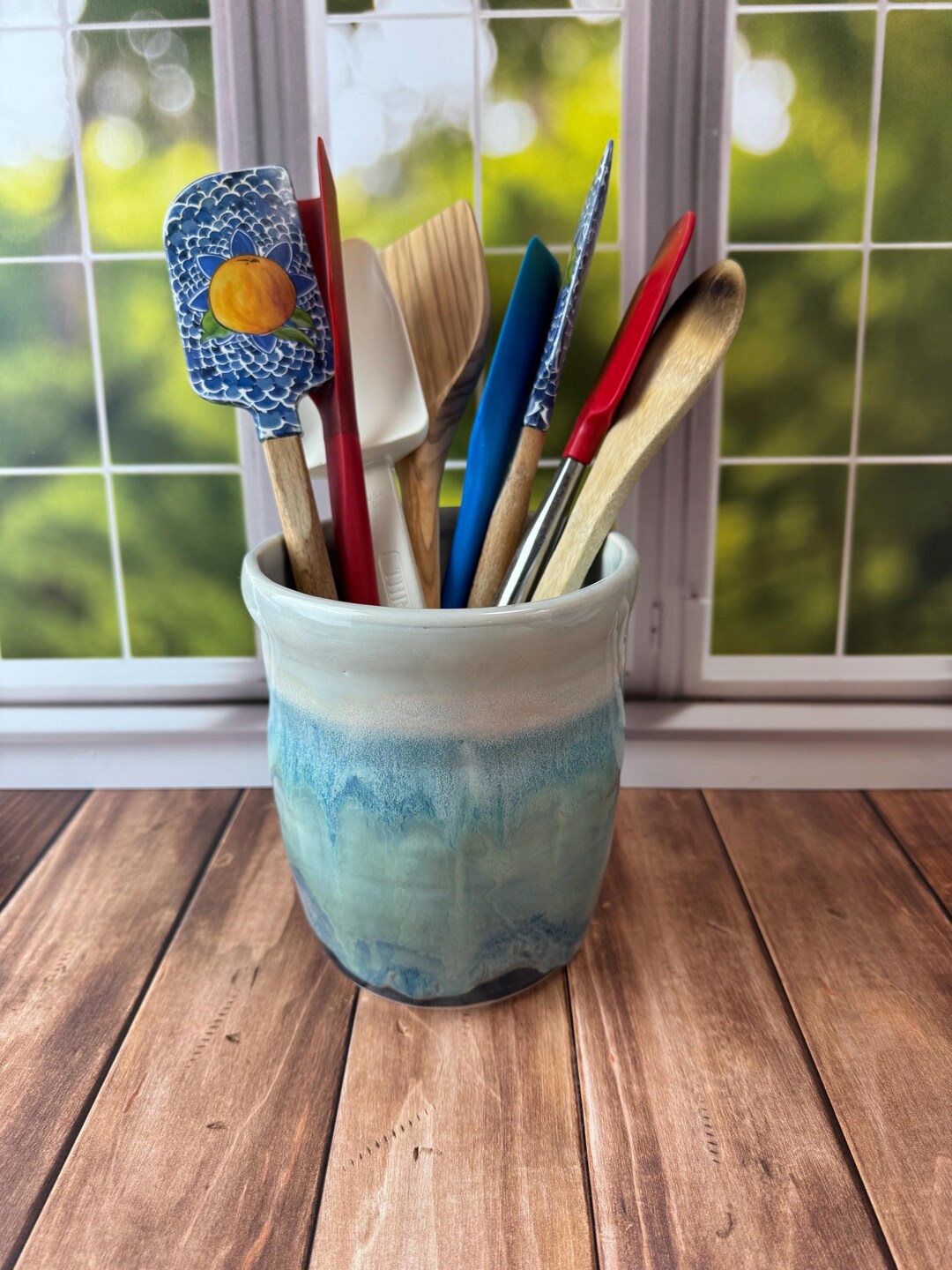 Large Blue Utensil Holder, Blue Utensil Holder, Large Blue Crock ...