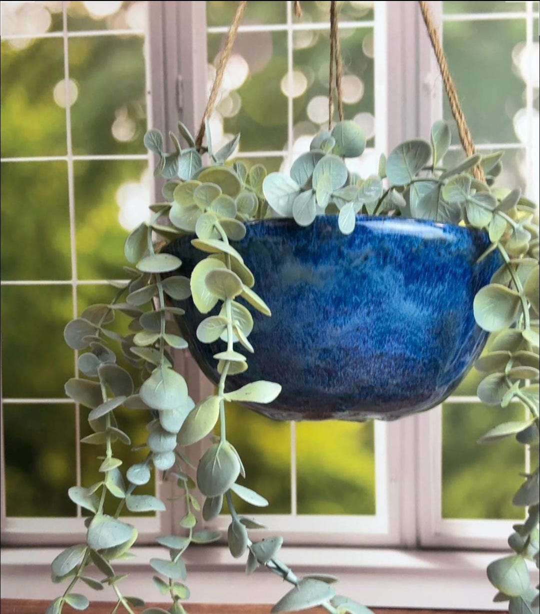 Hanging Pottery Planter, Handmade Hanging Planter, Blue Pottery Planter ...