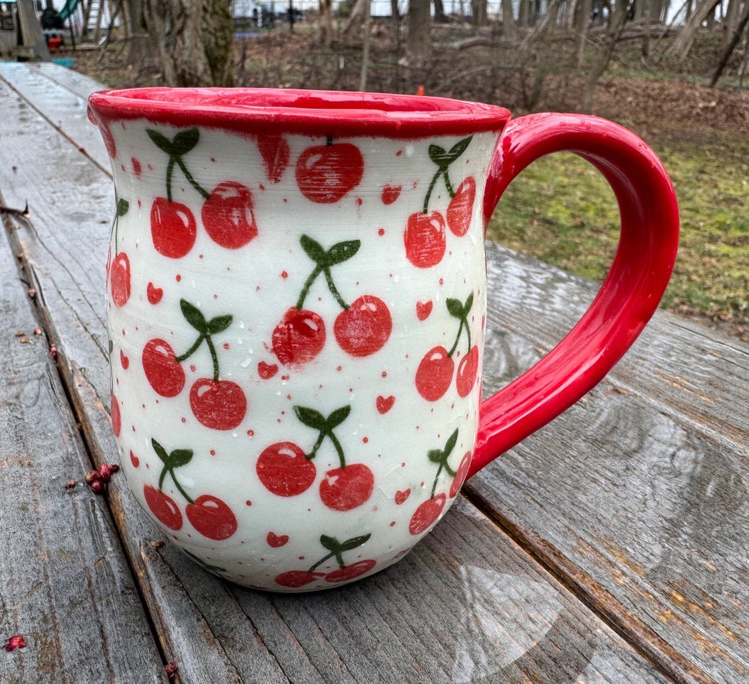 Red and White Mug, Cherry Mug, Handmade Mug, Wheelthrown Mug, 16 Ounces ...