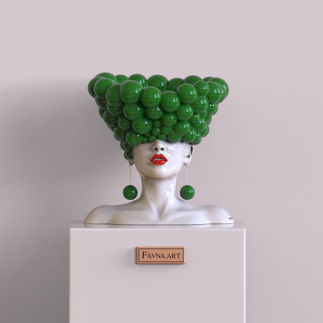 Green Bubble Head Sculpture: Modern Woman Bust Vase, Designer Accent ...