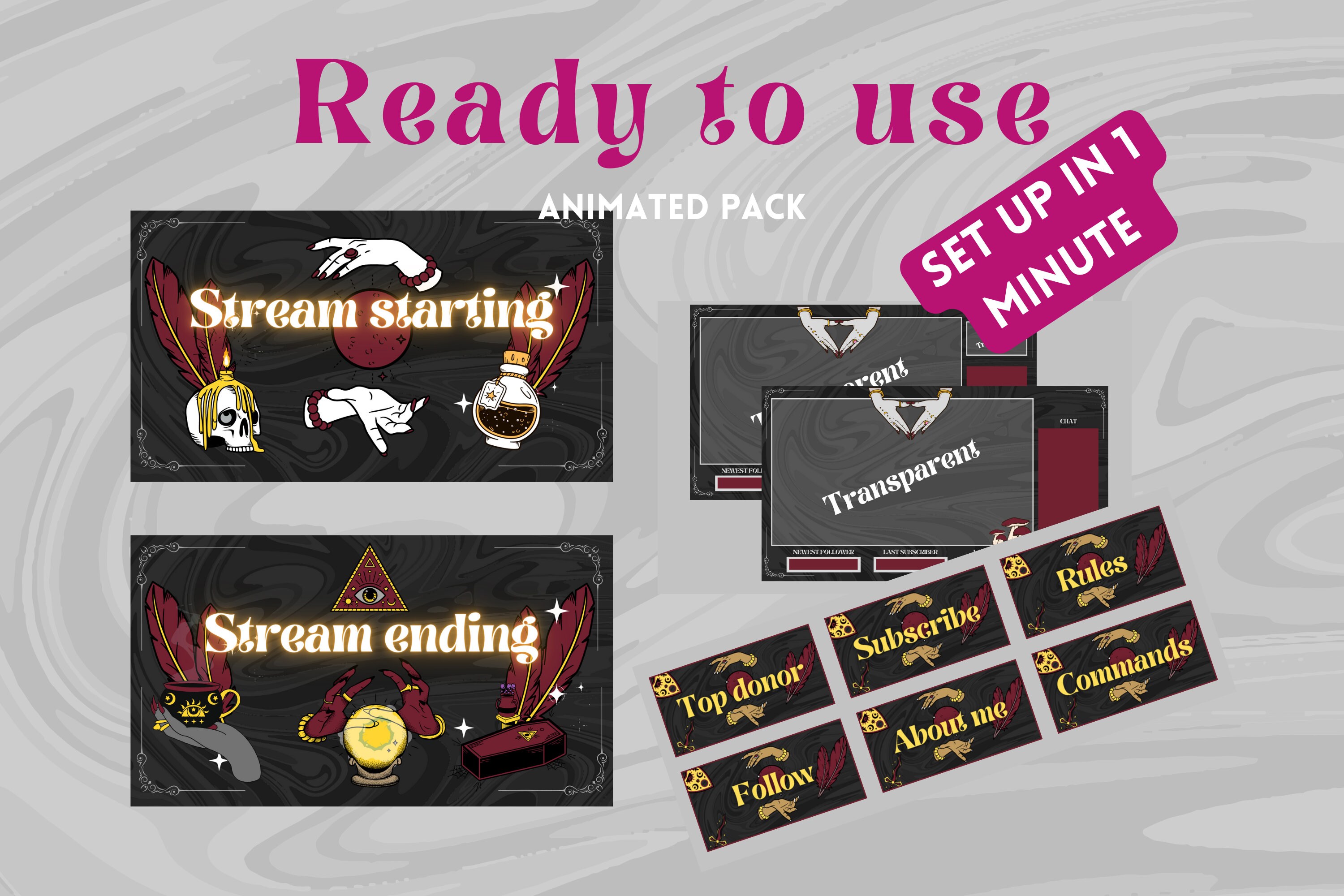 Goth Witch Stream Pack, Animated Layouts, Streaming Overlays, Panel ...