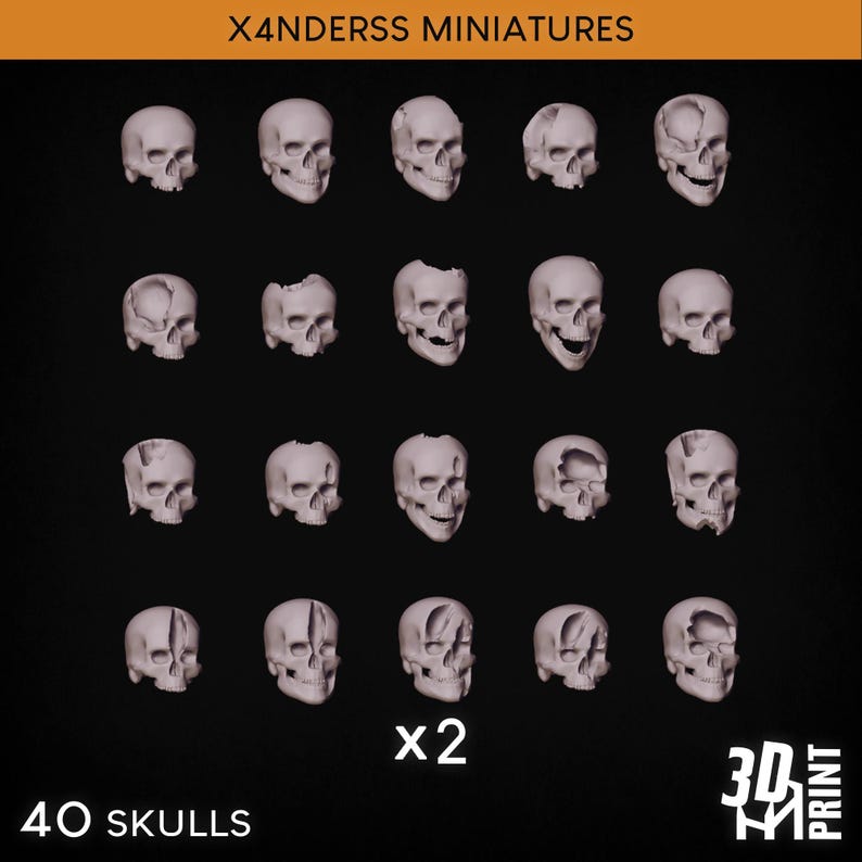 3D Printed Miniature Human Skeleton Skulls (set of 40) - 1/48, 1/56 ...