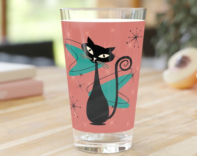 Atomic Kitschy Black Cat Pint Glass, 16oz Mid Century Modern Retro Beer ...