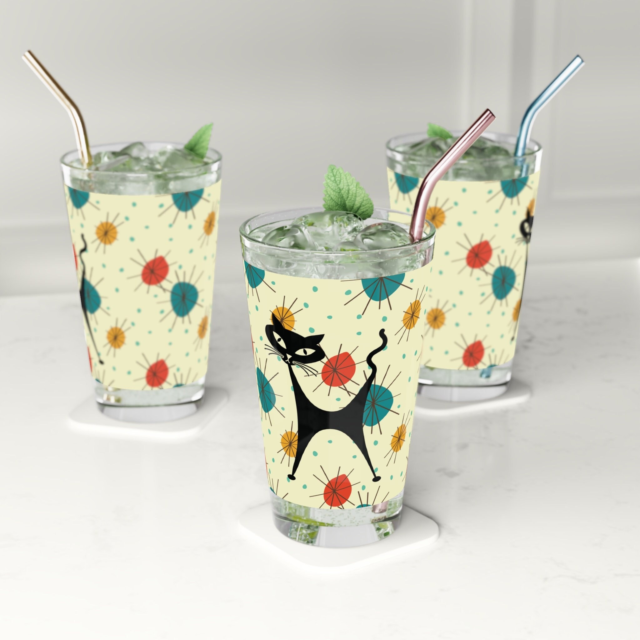 Atomic Cat Drinking Glasses Mid Century Modern Glassware MCM Atomic Cat ...