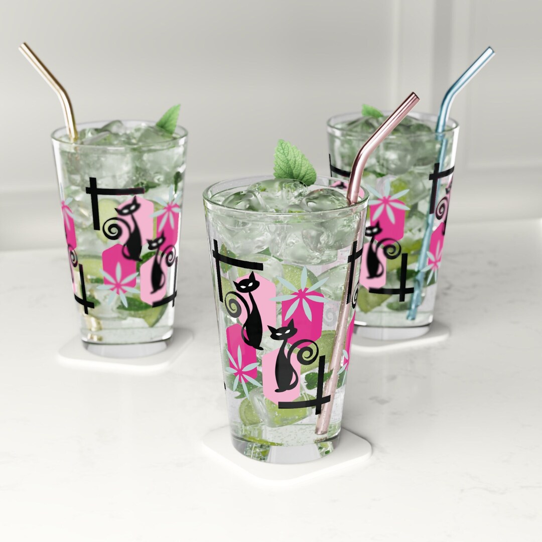 Atomic Cat Glassware Cat Drinking Glasses Black Cat Mid Century Modern ...