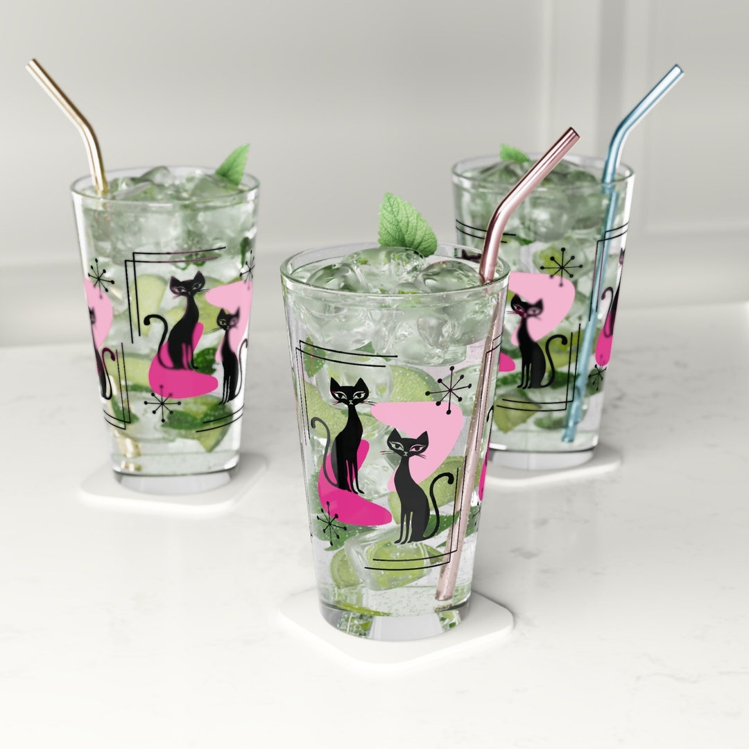 MCM Atomic Cat Glassware Retro Black Cat Drinking Glass Mid Century ...