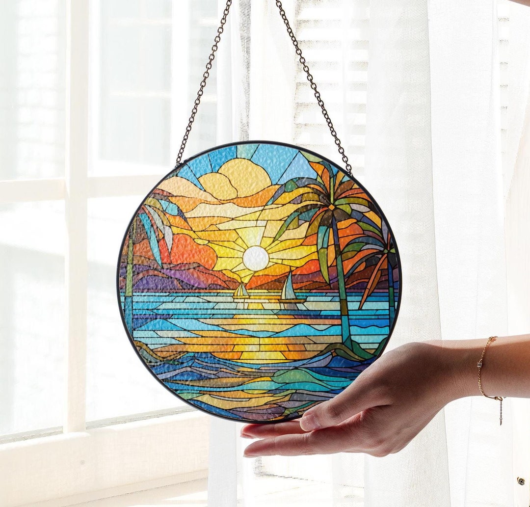 Stained Glass Suncatcher Ocean Sun Catcher Window Sunset Beach Decor ...