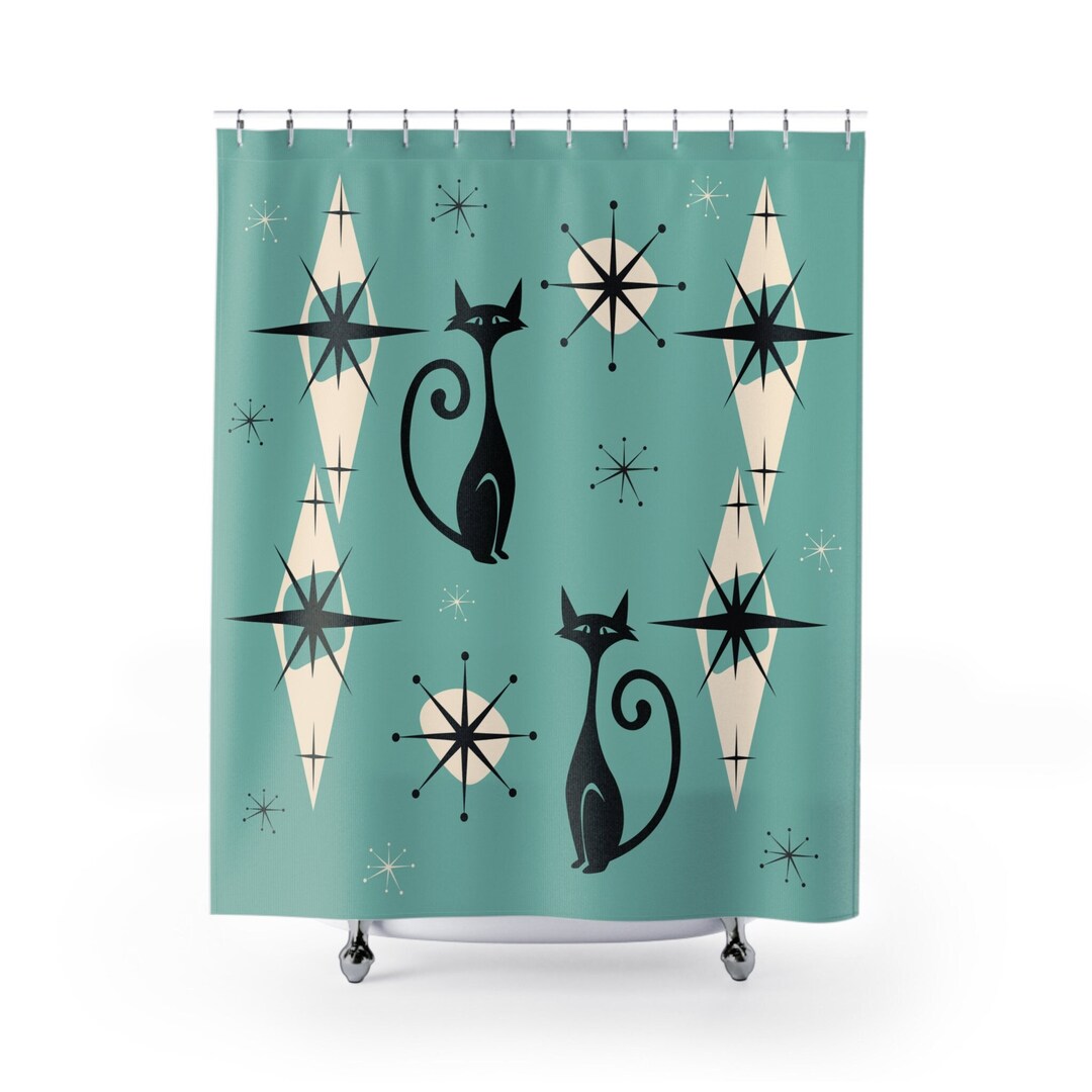 Atomic Cat Shower Curtain Mid Century Modern Shower Curtain Retro ...