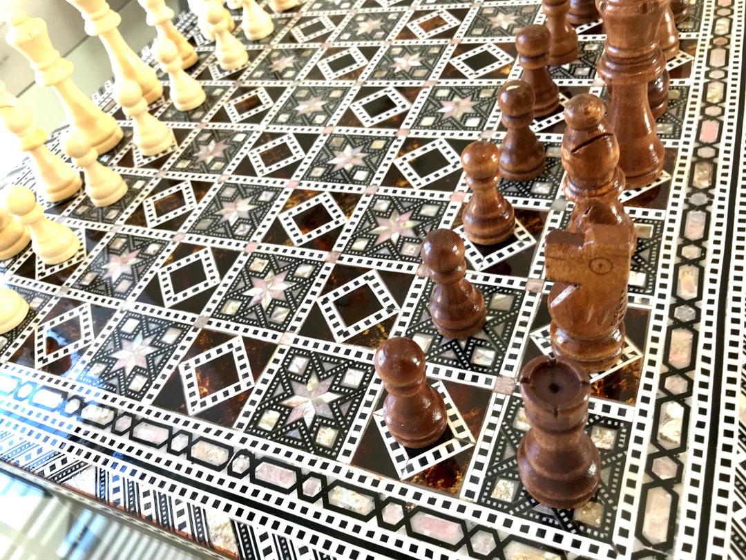Mosaic Chessboard With Mother of Pearl Inlay, Wooden Pieces Included, A ...