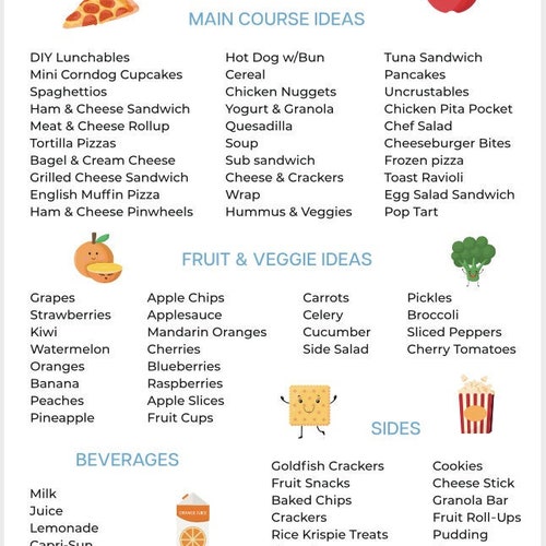 Kids Meal Planner Kids Lunch Ideas Printable School Lunch - Etsy
