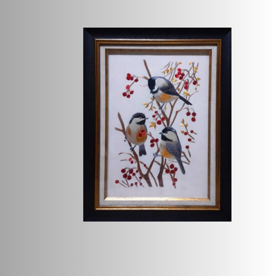 Framed Chickadees Thread Painting Bird Watcher Finished Needlepoint Art ...