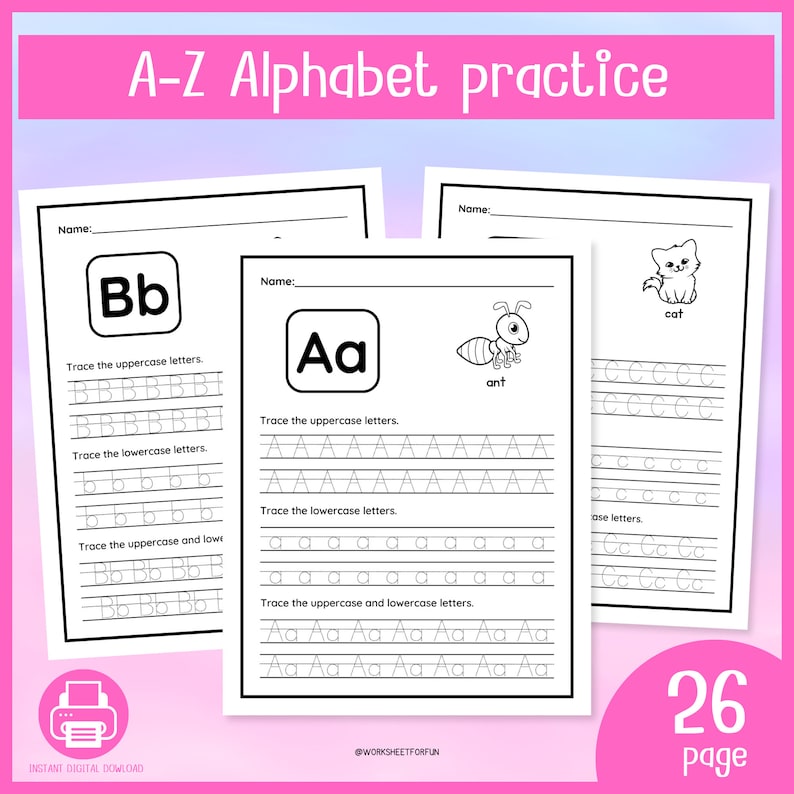 26 Uppercase - Lowercase Letter. Alphabet Tracing, Handwriting Practice ...