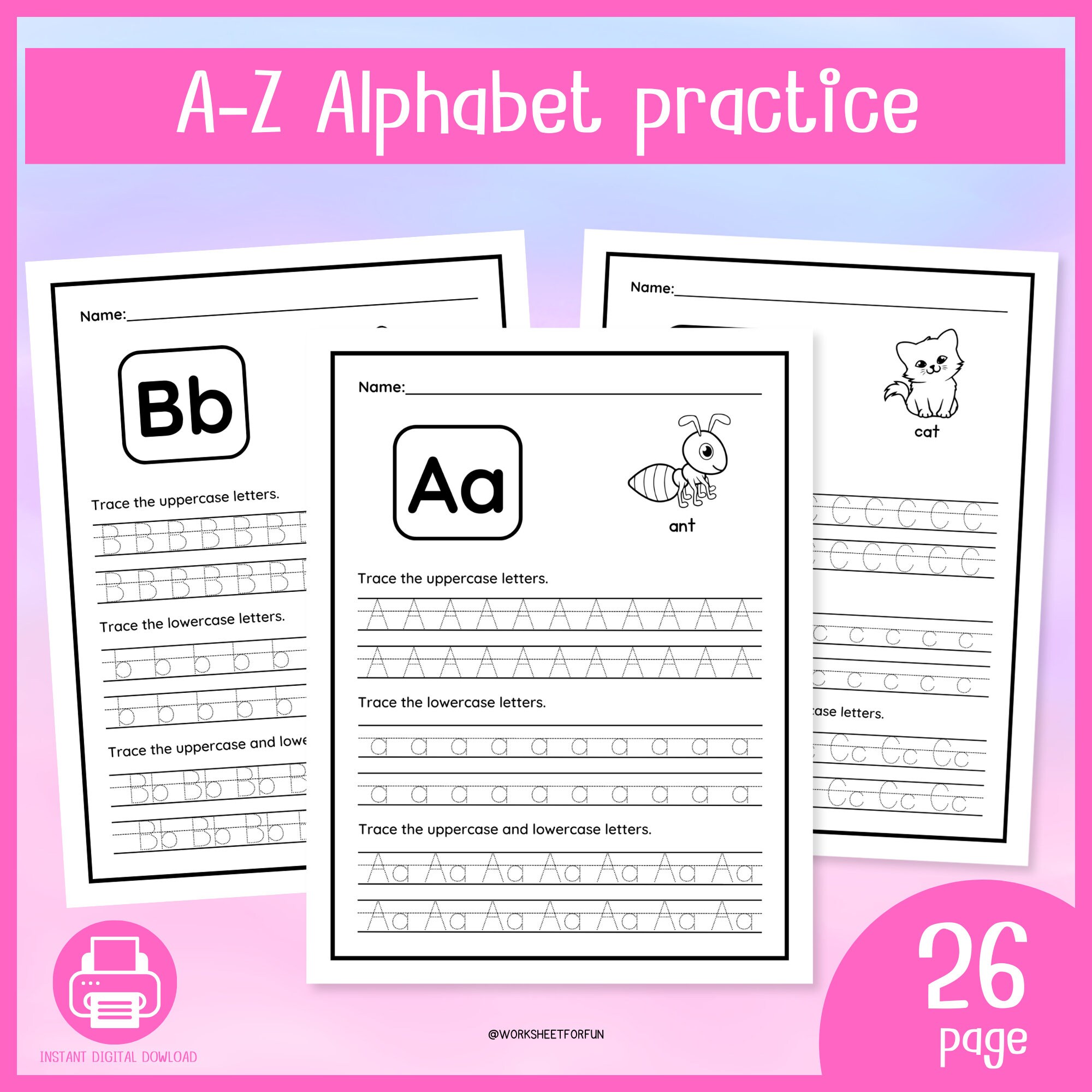 26 Uppercase Lowercase Letter. Alphabet Tracing, Handwriting Practice ...