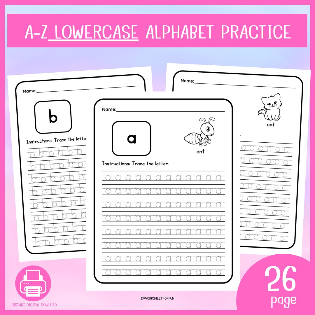26 A-Z Lowercase Letter. Alphabet Tracing, Handwriting Practice ...