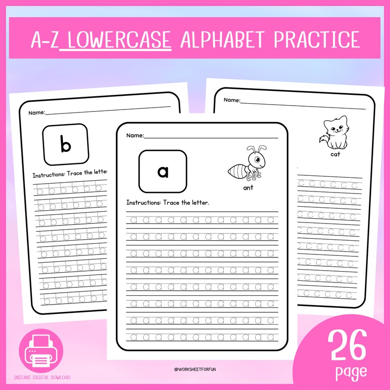 26 A-Z Lowercase Letter. Alphabet Tracing, Handwriting Practice ...