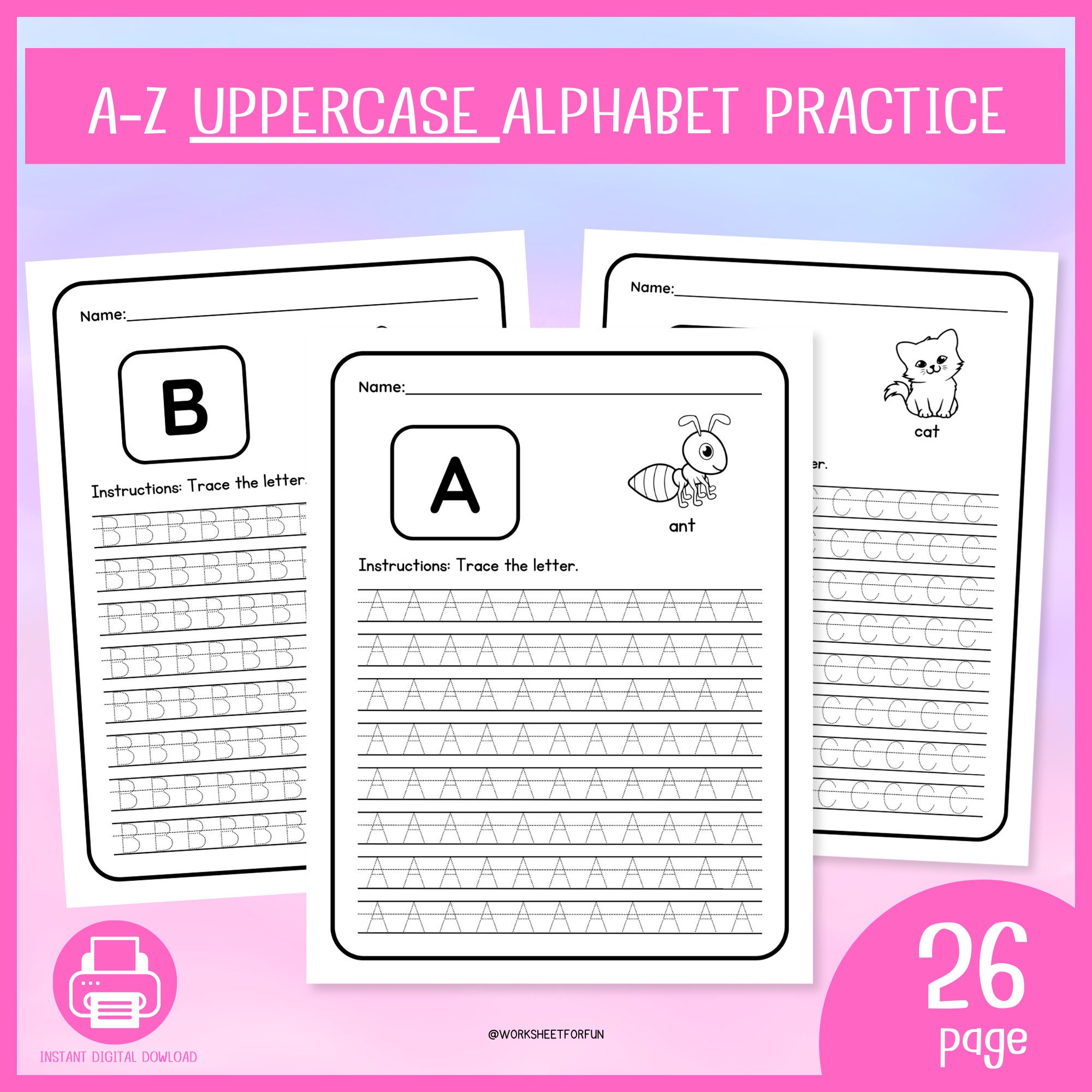 26 Uppercase Alphabet Tracing, Handwriting Practice, Preschool ...