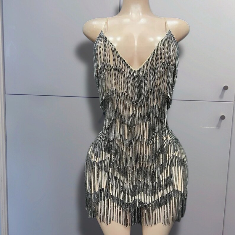 Stage Wear Luxurious Silver Crystals Chains Transparent V-neck Backless ...