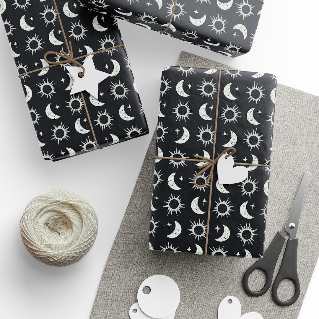Celestial Night Sky Rustic Sun Moon Wrapping Paper, Witchy Gift Wrap ...