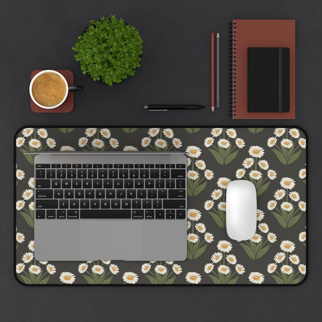 Dark Cottagecore Rustic Daisies Desk Mat, Charcoal Floral Workspace ...