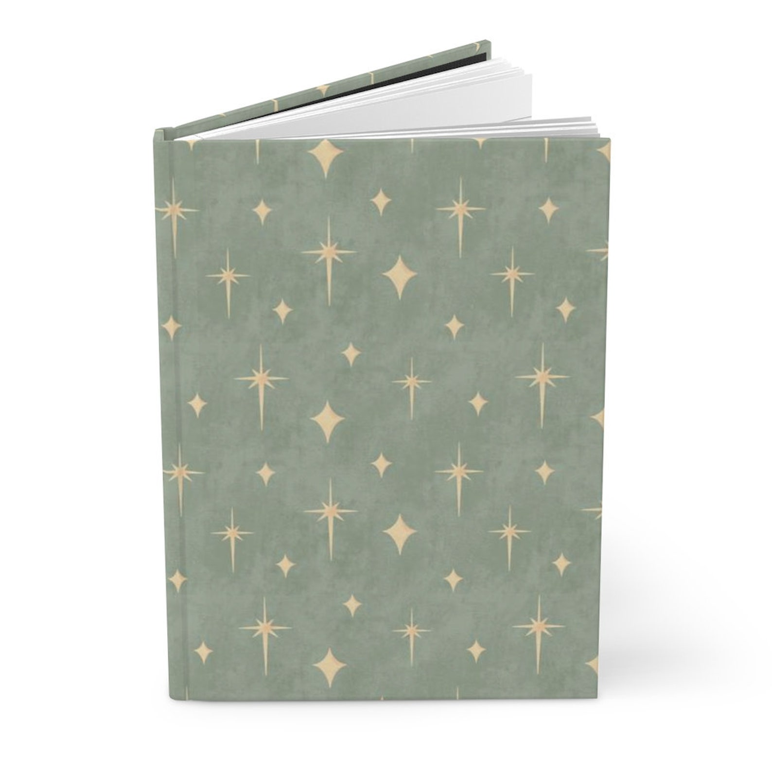 Sage Green Stars Aesthetic Hardcover Notebook, Retro Celestial Blank ...