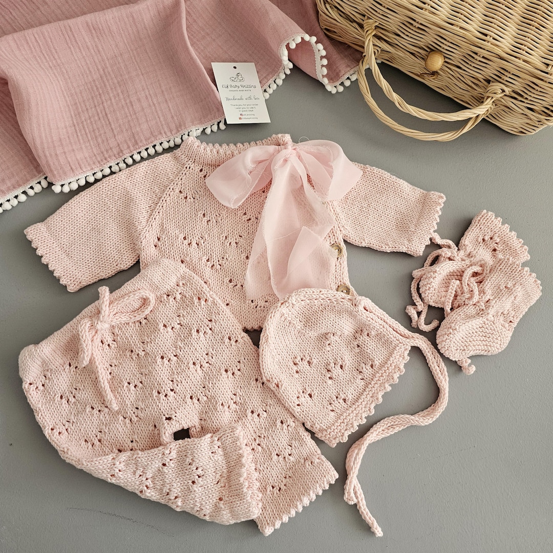 Hand-knitted Organic Cotton Baby Girl Coming Home Outfit, 4-piece Set ...