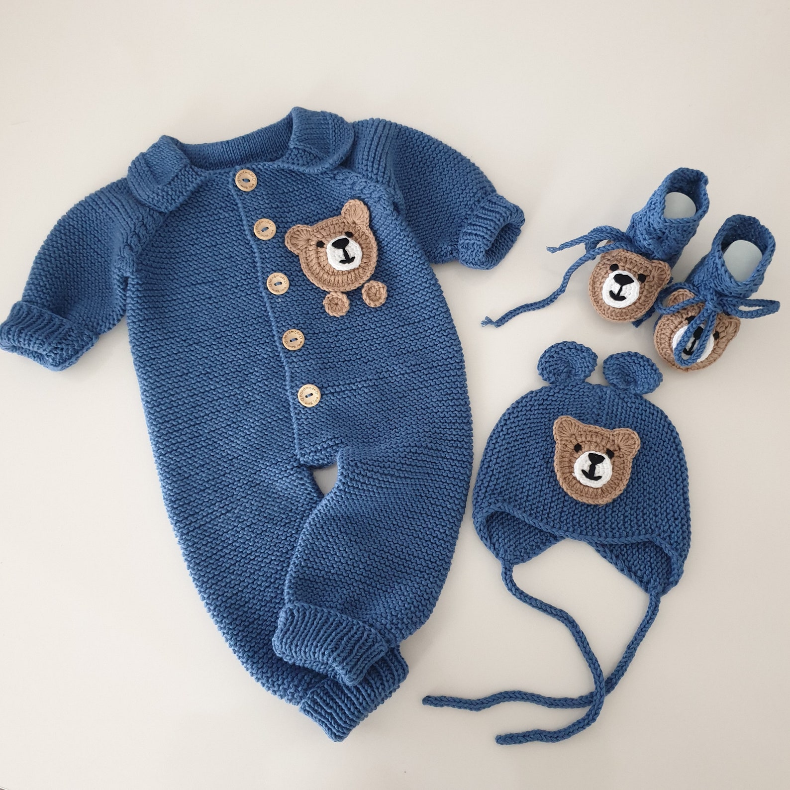 Knitted Teddy Bear Romper Set, Organic Cotton Newborn Outfit - Etsy