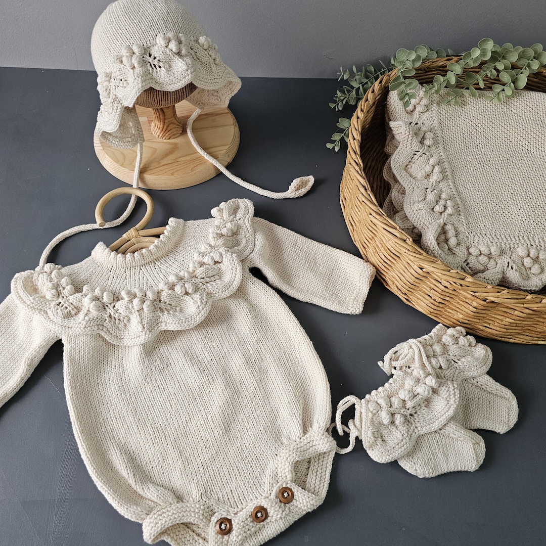 Knitted Baby Girl Rompers Set and Blanket Set, Newborn Grape 4 Piece ...