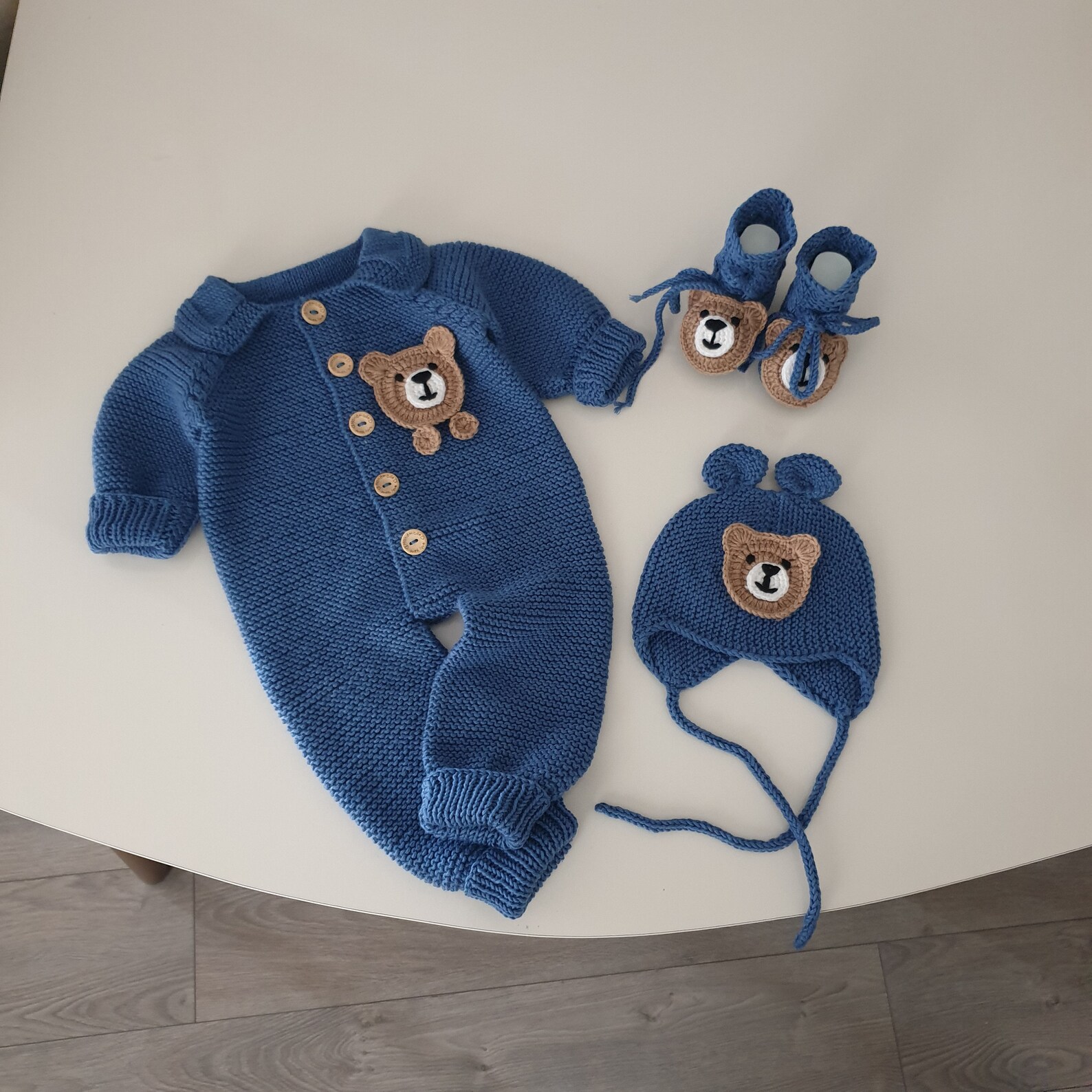 Knitted Teddy Bear Romper Set, Organic Cotton Newborn Outfit - Etsy