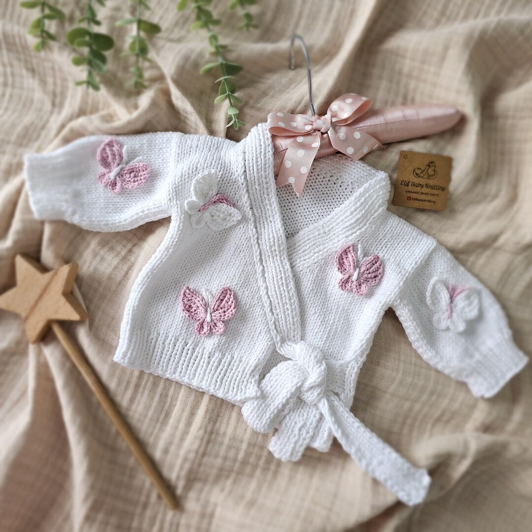 Handmade Organic Cotton Knit Baby Cardigan, Butterfly Embroidery - Etsy