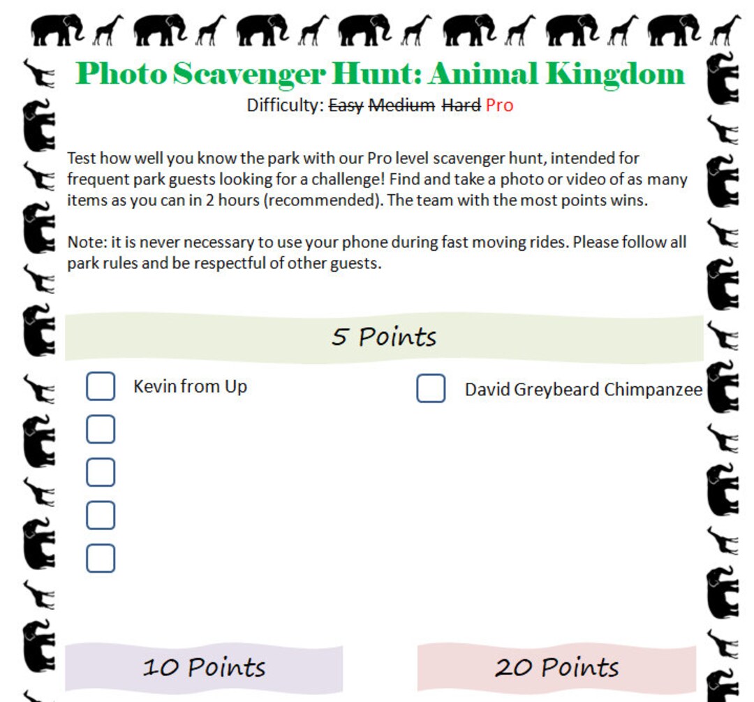 Animal Kingdom Scavenger Hunt 1 Pro Difficulty - Etsy