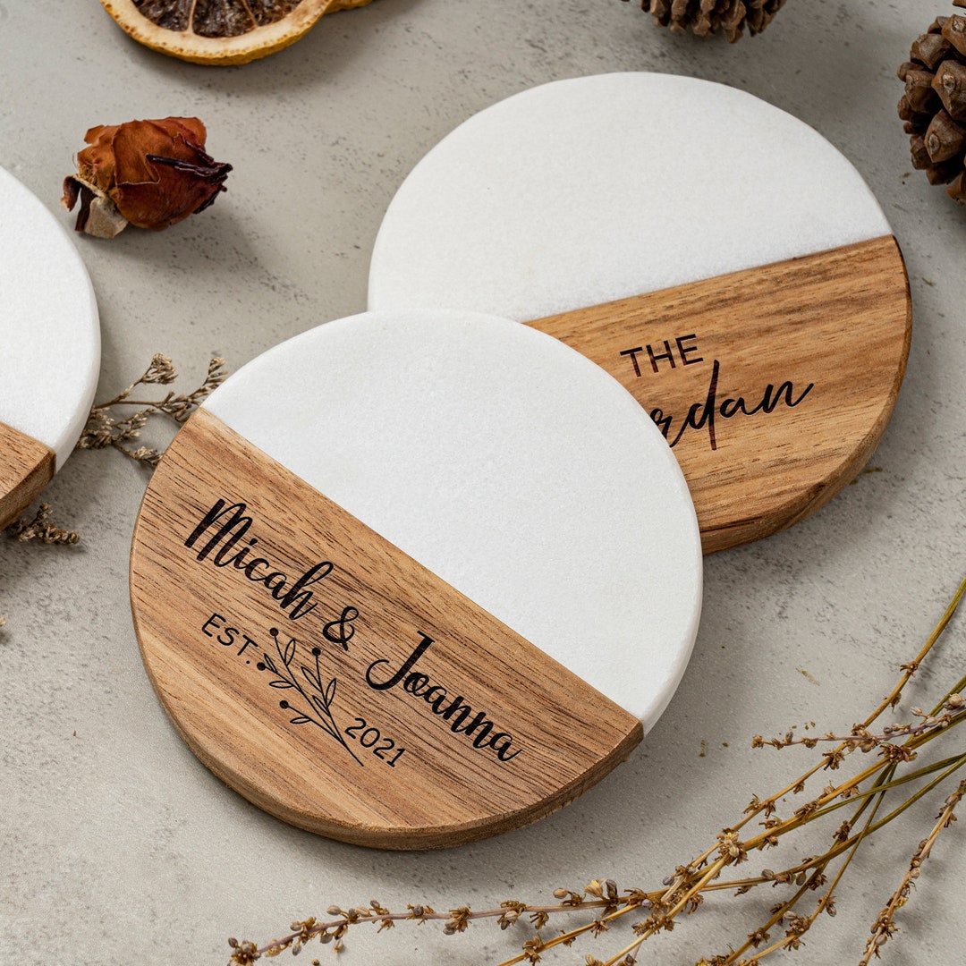 Custom Engraved Marble Wood Coasters, Personalized Gifts Coaster Set, New Home Gift ...