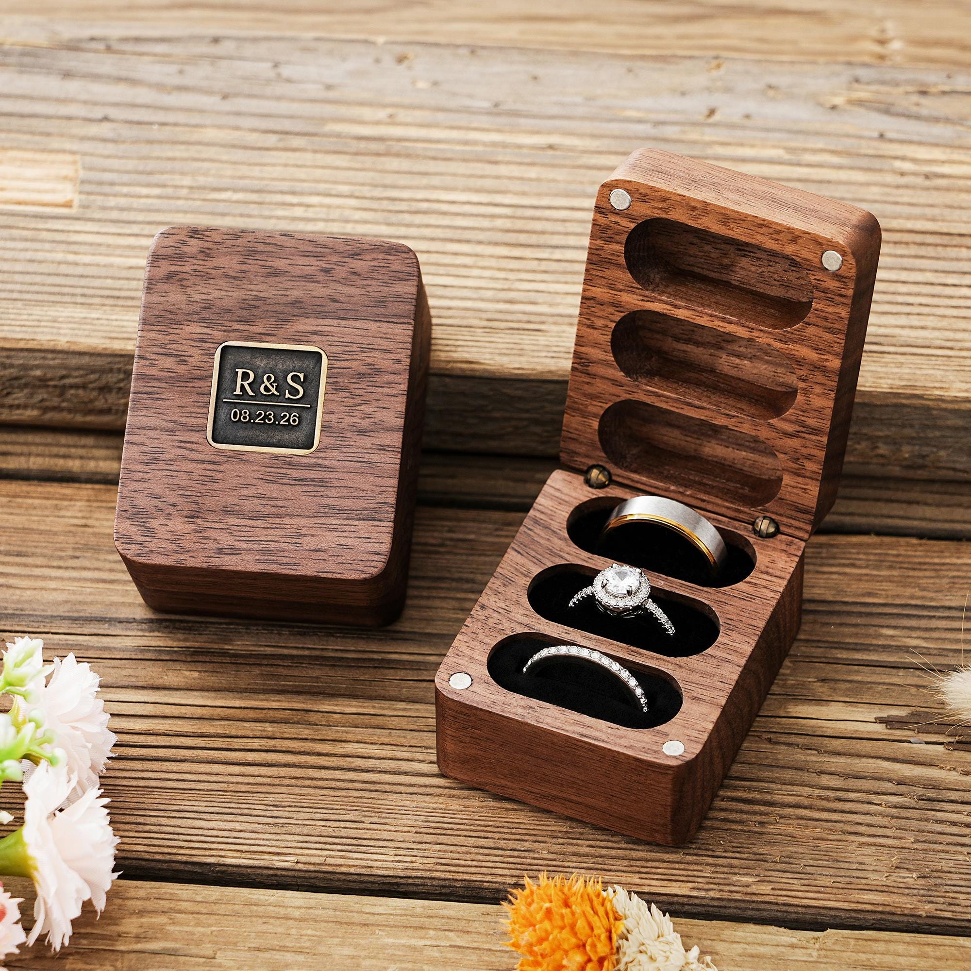Custom Wedding Proposal Ring Box With Antique Brass Inlay, Wooden Ring ...