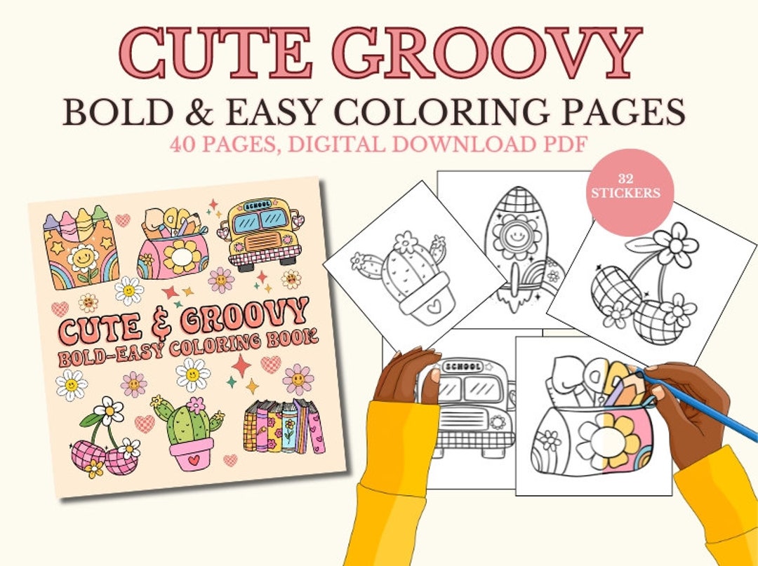 Cute Groovy Coloring Pages, Bold and Easy, Instant Download PDF With ...