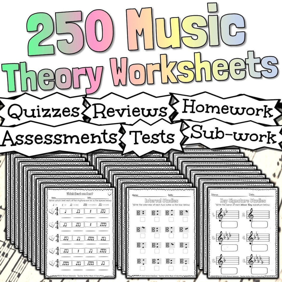 250 Music Theory Worksheets | Tests Quizzes Homework Reviews Sub Work ...