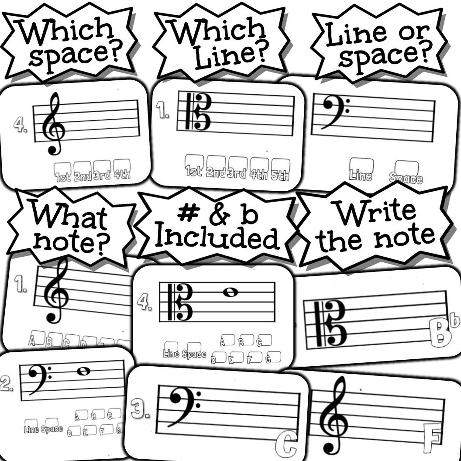 120 Treble Bass and Alto Clef Worksheets - Tests Quizzes Homework ...