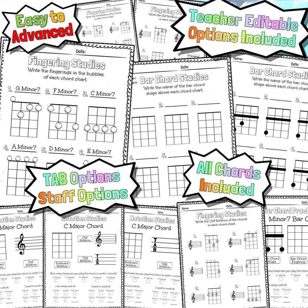 150 Ukulele Chords Worksheets | Tests Quizzes Homework Sub Work and ...