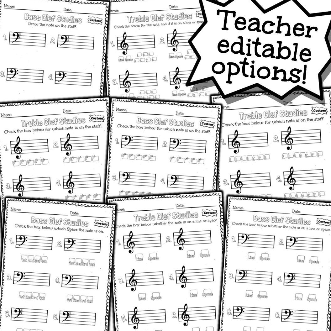80 Treble and Bass Clef Worksheets - Tests, Quizzes Homework Classwork ...