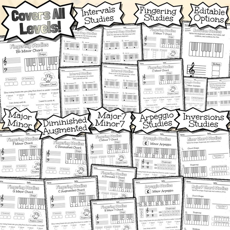 150 Piano Chords Worksheets Tests Quizzes Homework Sub Work - Etsy