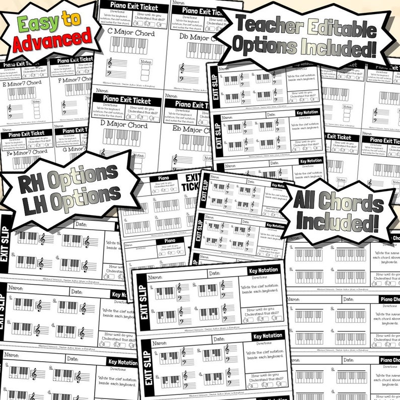 200 Piano Chords Exit Tickets | Tests Quizzes Homework Sub Work and ...